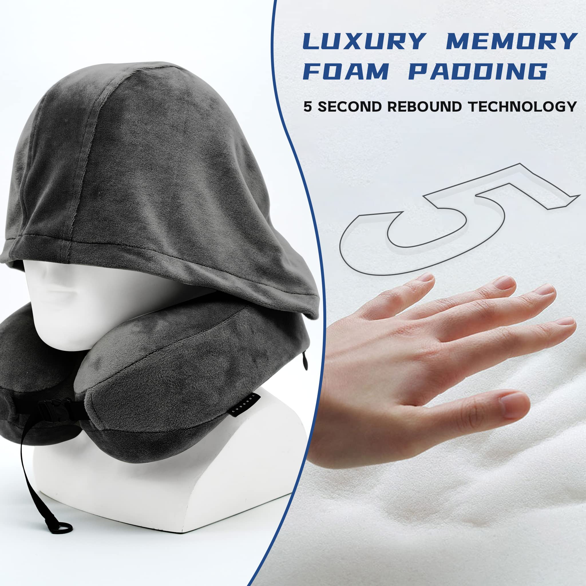 Cuddool Hoodie Travel Neck Pillow - Memory Foam Neck Pillow Head Chin Support Airplane, Car, Office & Home Sleep Rest Traveling Pillow(Black,M)