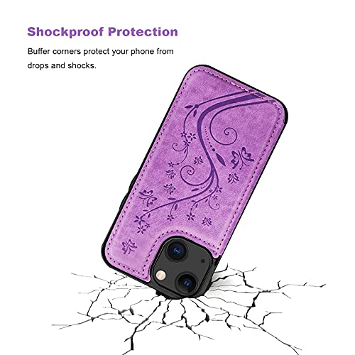 Vaburs Compatible with iPhone 13 Mini Case Wallet with Card Holder, Embossed Butterfly Pattern PU Leather Double Buttons Flip Shockproof Protective Cover for Magnetic Car Mount 5.4 Inch (Purple)