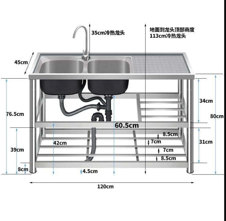 Commercial Restaurant Sink,Stainless Steel Utility Sink Free-standing Kitchen Sink,Double Bowl Kitchen Sinks with Strainer,304 Stainless Steel Freestanding Kitchen Sink