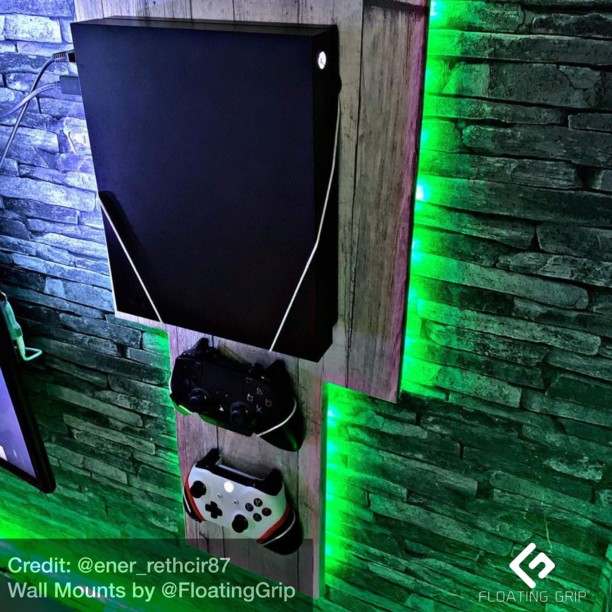 Xbox One X Wall Mount by FLOATING GRIP - Mounting Kit for Hanging Gaming Consoles - Strong & Slim Ropes - Easy-to-Install System (Bundle: Fits Xbox One X + x2 Controllers, Black)