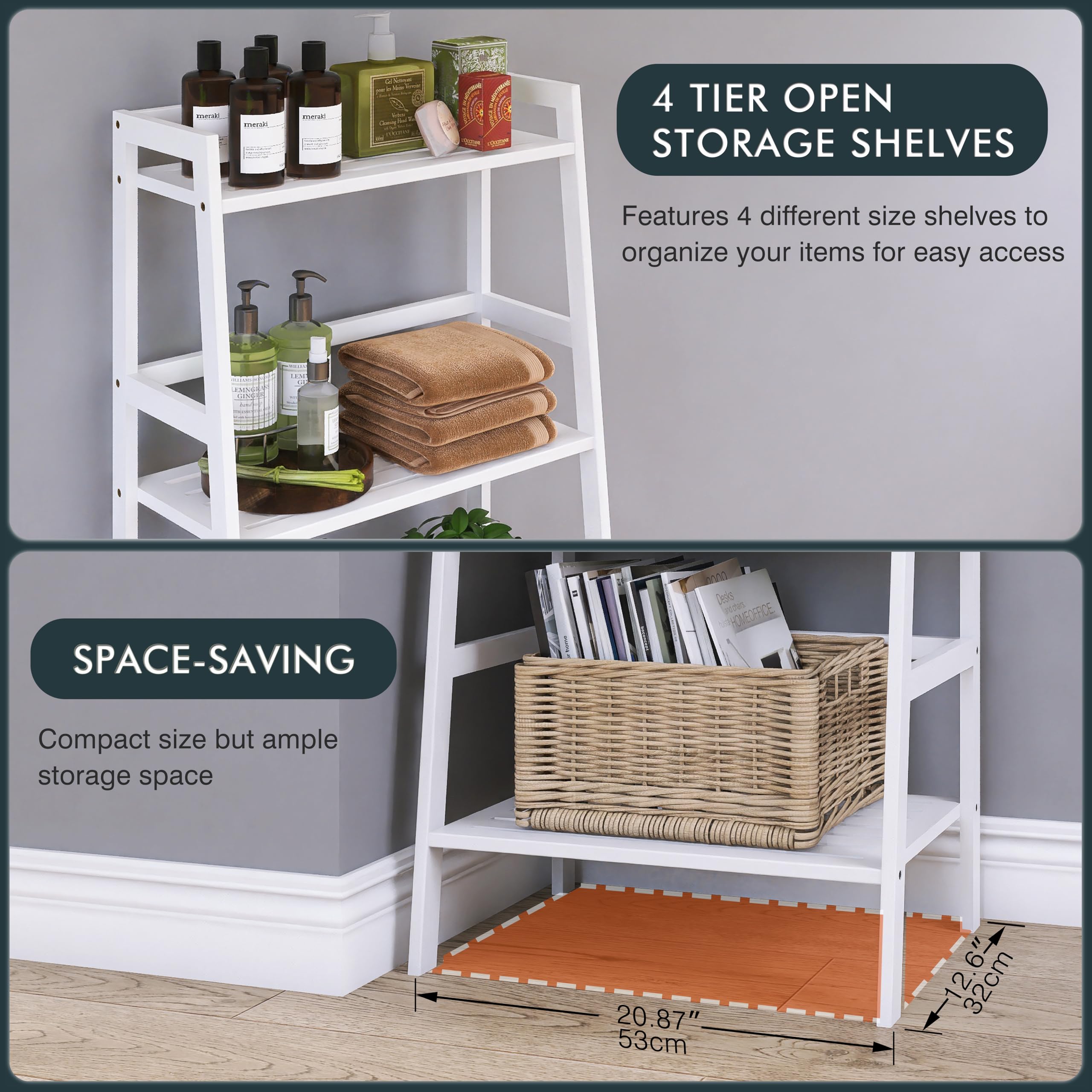 HITNET White Ladder Bookshelf, Leaning Bookcase, 4-Tier Bamboo Shelf, Floor Standing Storage Shelving Unit, Open Display Book Shelves
