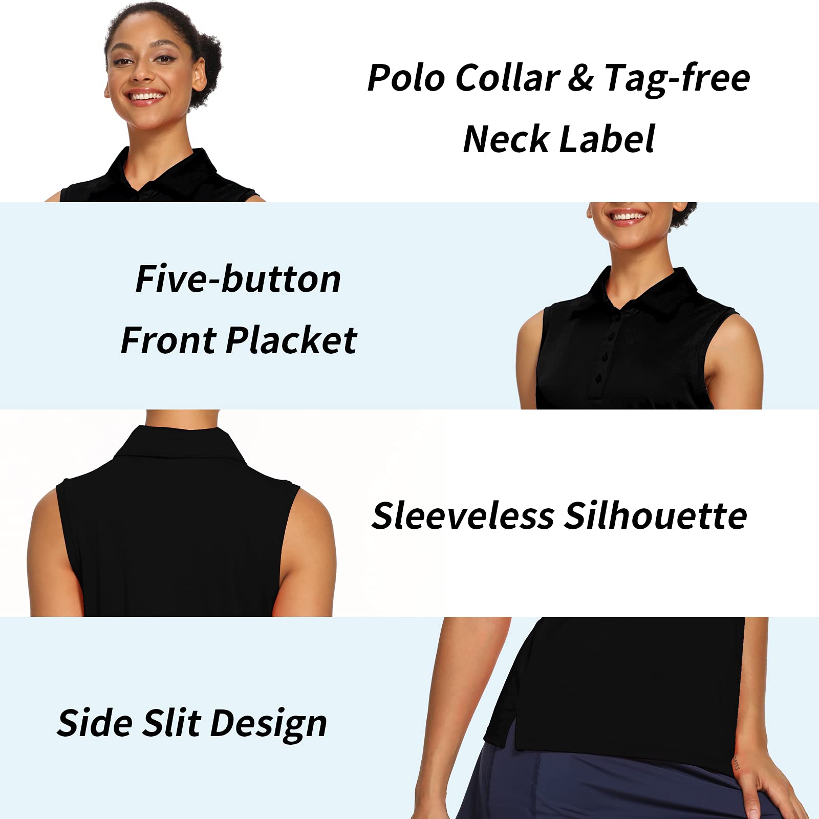 CQC Women's Golf Tennis Sleeveless Polo Shirts Quick Dry Athletic Tank Tops UPF 50+ Black M