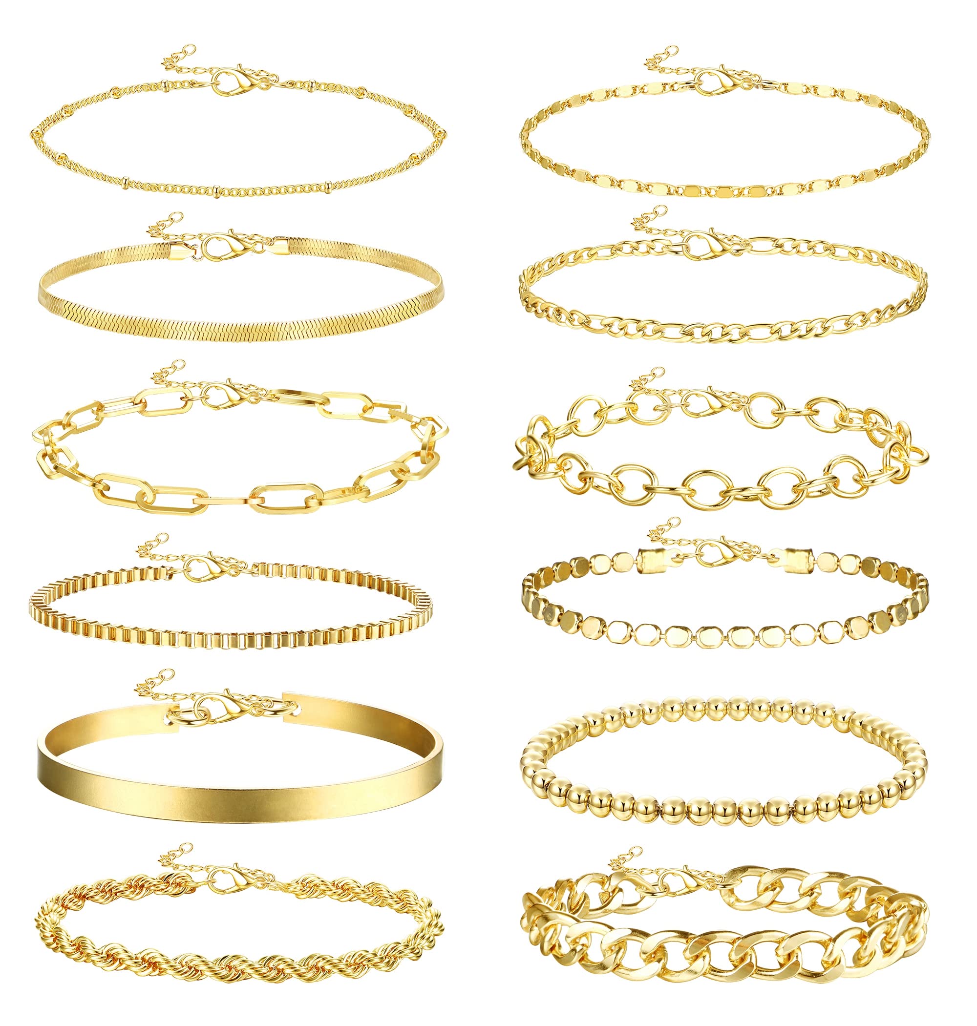 FINREZIO 12PCS Gold Chain Bracelets Set for Women, Dainty Link Beaded Cuban Chunky Cable Chain Bracelets, 14K Gold Plated Stackable Bracelets Adjustable Jewelry