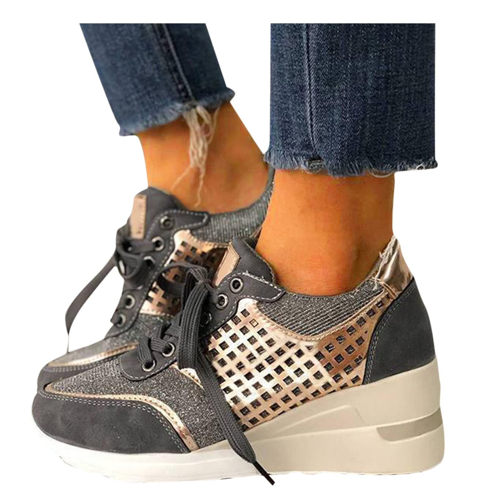FASDNENDYS Ladies Fashion Leopard Print Leather Surface Breathable Casual Lace Up Wedge Close Toe Swim Shoes Grey