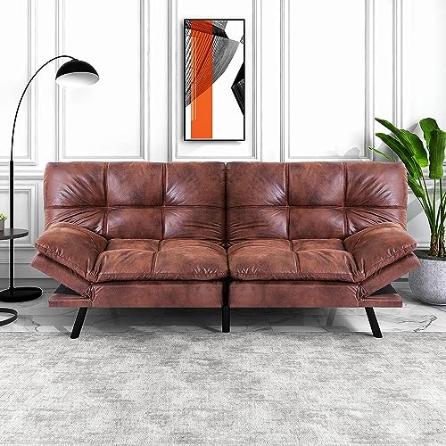 IULULU Futon Sofa Bed Faux Leather Couch with Adjustable Armrests, Modern Industrial Sleeper Daybed for Small Spaces, Living Room, Compact Apartment, Office, House, Condo, Loft, Bungalow, Brown