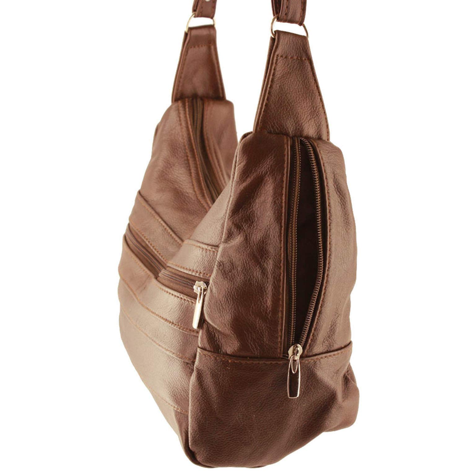 Women's Leather Medium Cross Body Purse Shoulder Ladies Handbag with Many Pockets (Brown)