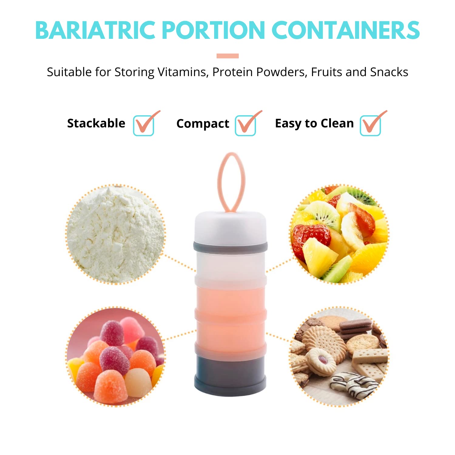 Ultra Diet Portion Control Container Set, Stackable and Detachable, Leak-Proof, Ideal for Weight Control or Storing Food, Snacks or Protein Powders, Bariatric Friendly, 6 Pieces Total (Blue-Teal)