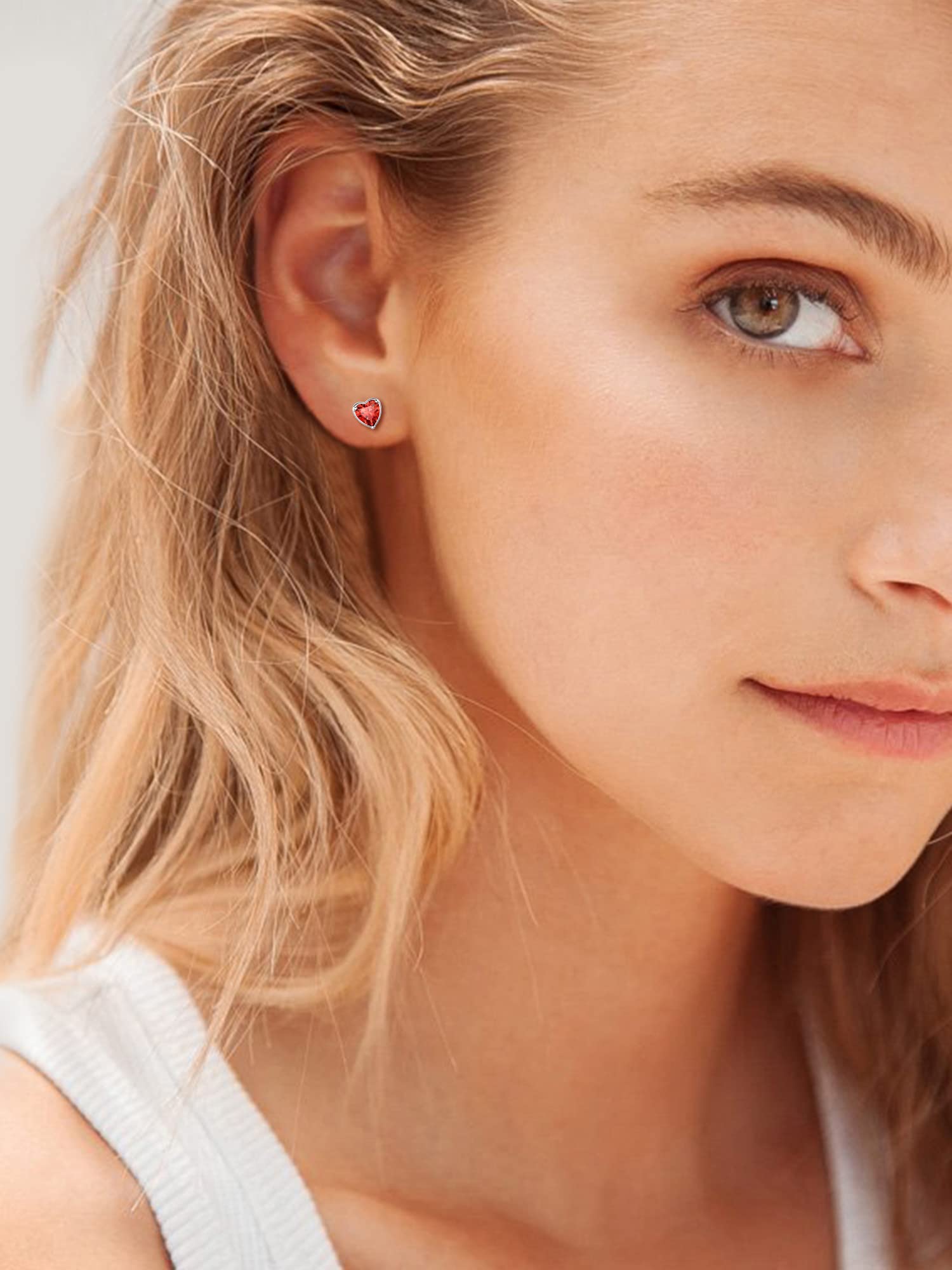 Women Earrings Hypoallergenic 925 Sterling Silver Love Heart Earrings Studs Red Cubic Zirconia Ruby Gemstone July Birthstone Stud Earrings for Sensitive Ears