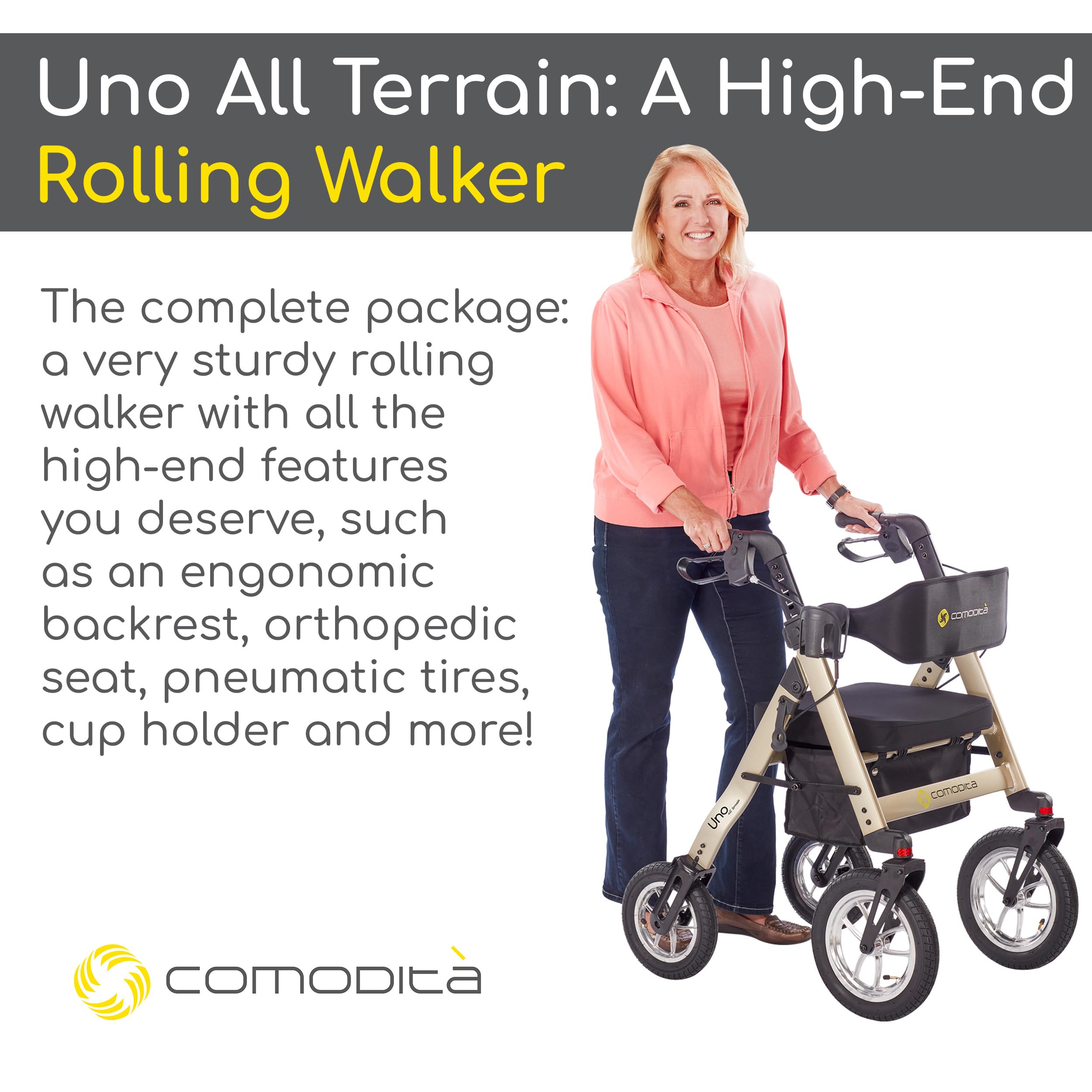 Comodità Uno All Terrain Rolling Walker with Pneumatic Tires, Wheeled Rollator with Orthopedic Extra Wide Seat and Brakes for Adults and Seniors, Easy Folding, 4 Wheel, Modena Red