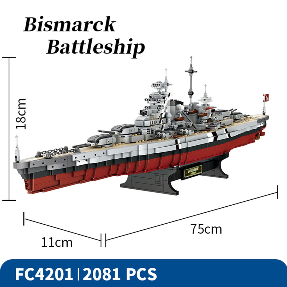 DIYI DIY Bismarck Battleship Model MOC Building Blocks Toys Set, Military Warship Compatible with Lego (2081PCS)