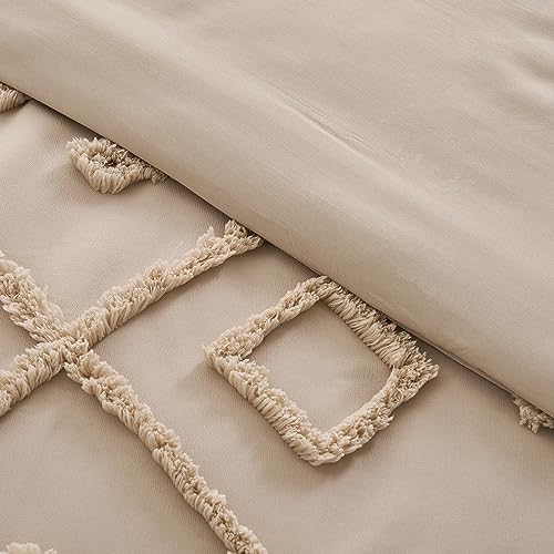 inron Khaki Queen Comforter Set Tufted Bed in a Bag Queen 7 Pieces,Geometry Shabby Chic Boho Comforter and Sheet Set.Jacquard Farmhouse Bedding for All Season(Khaki,90β*90β)