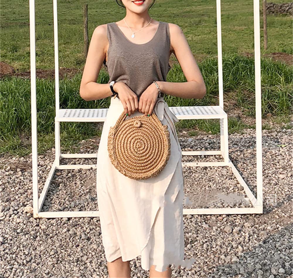 Women Round Straw Beach Bag Handwoven Summer Rattan Bag Cross Body Bag Shoulder Bag Khaki