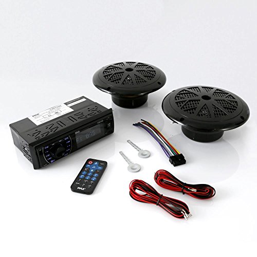 Pyle Marine Headunit Receiver Speaker Kit - In-Dash LCD Digital Stereo Built-in Bluetooth & Microphone w/AM FM Radio System 5.25ββ Waterproof Speakers (2) MP3/SD Readers & Remote Control - PLMRKT46BK