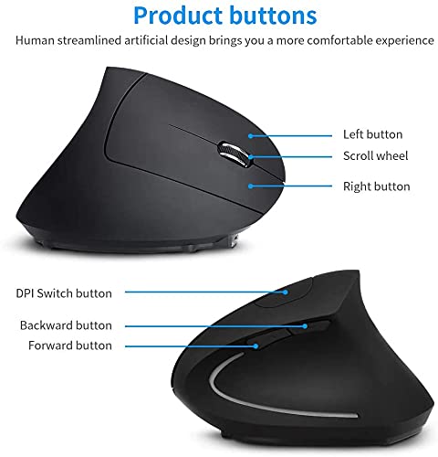 shoplease Rechargeable Wireless Vertical Mouse, 2.4G Wireless Ergonomic Optical Mouse with 3 Adjustable 800/1200 /1600 DPI, Suitable for Big Hands