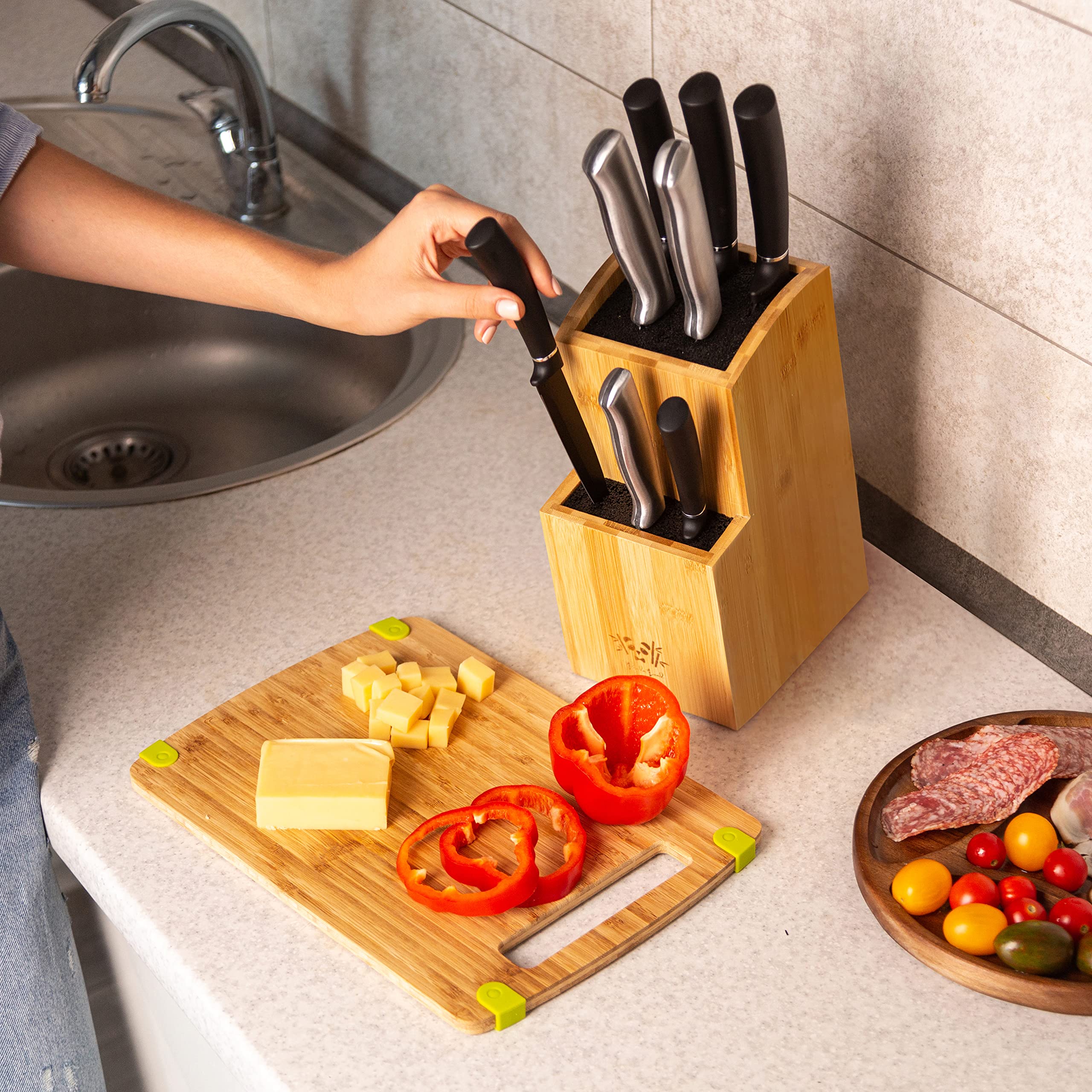 PANDA LAND Bamboo Universal Knife Block Without Knives | Upto 20 Knives Extra Large Capacity Kitchen Knife Organizer | Kitchen Knife Holder for Counter Top Knife Block Set Kitchen Gadgets Utensils