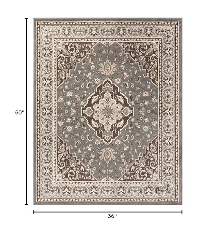 Superior Indoor Area Rug, Plush Carpet Cover, Traditional Oriental Medallion, Perfect for Hallway, Entryway, Living Room, Dining, Bedroom, Office, Kitchen, Glendale Collection, 3' x 5', Grey
