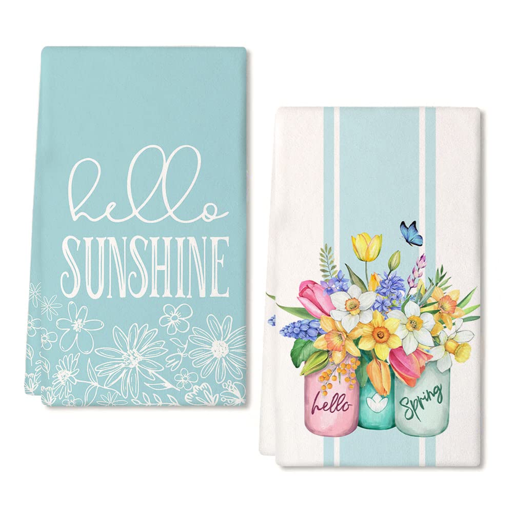 GEEORY Kitchen Towels for Spring Summer Decor Floral Mason Jar Dish Towels 18x26 Inch Ultra Absorbent Bar Drying Cloth Flower Sign Hand Towel for Kitchen Bathroom Party Home Decorations Set of 2 Blue