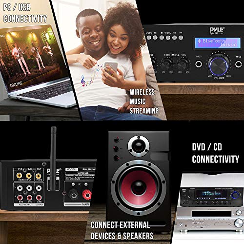 Pyle Wireless Microphone Power Amplifier System- 200W Dual Channel Sound Audio Stereo Karaoke Speaker Receiver w/USB, AUX, Microphone IN w/Echo, Radio, Home Theater via RCA, Studio Use - Pyle PDA8BUWM
