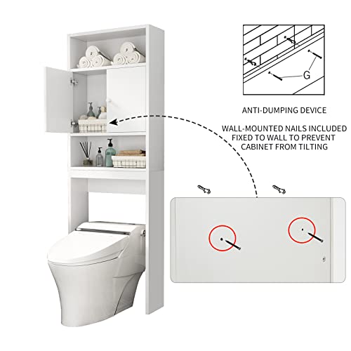Hayiodda Over The Toilet Storage Cabinet, Double Door Bathroom Organizer Toilet Cabinet with Open Shelf, 76.77" H, White