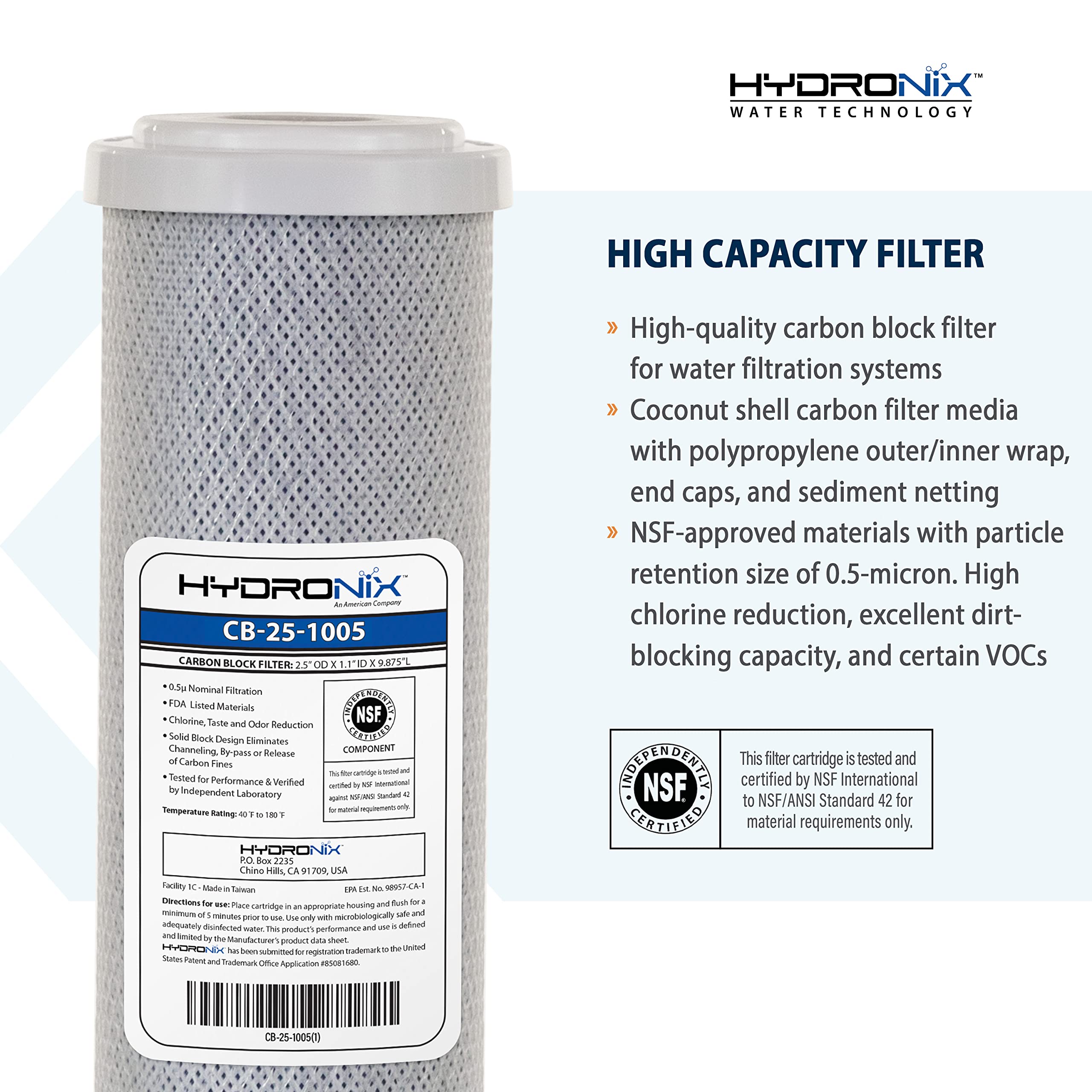 Hydronix 4 Pack Carbon Block Water Filters Coconut Shell CTO for Whole House, RO, DI, Hydroponics - 10" x 2.5", 5 Micron