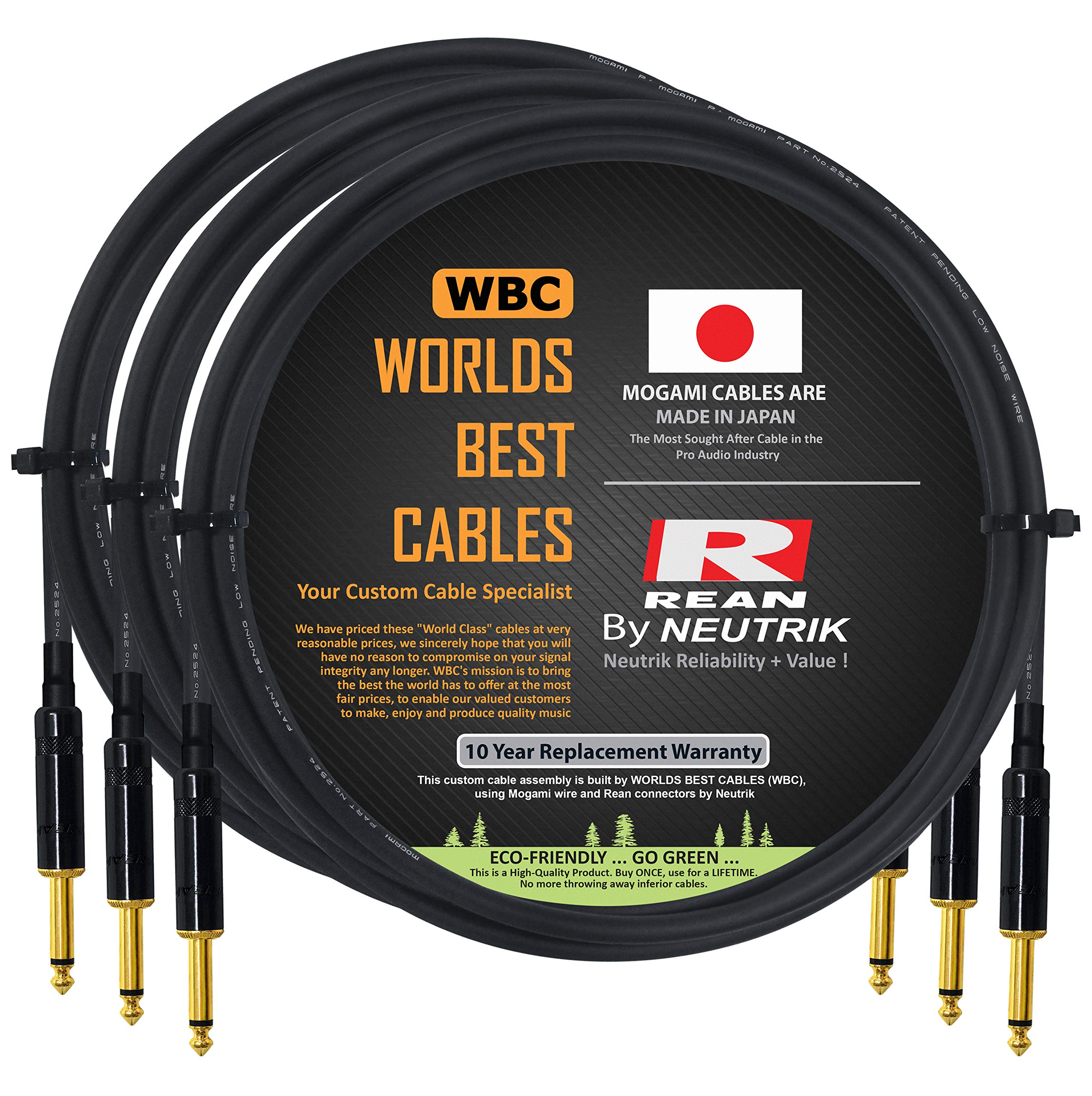 WORLDS BEST CABLES 3 Units - 6 Foot -Pedal, Effects, Patch, Guitar Instrument Cable Custom Made Made Using Mogami 2524 Wire and Neutrik-Rean NYS224BG Gold ΒΌ inch (6.35mm) TS Plugs