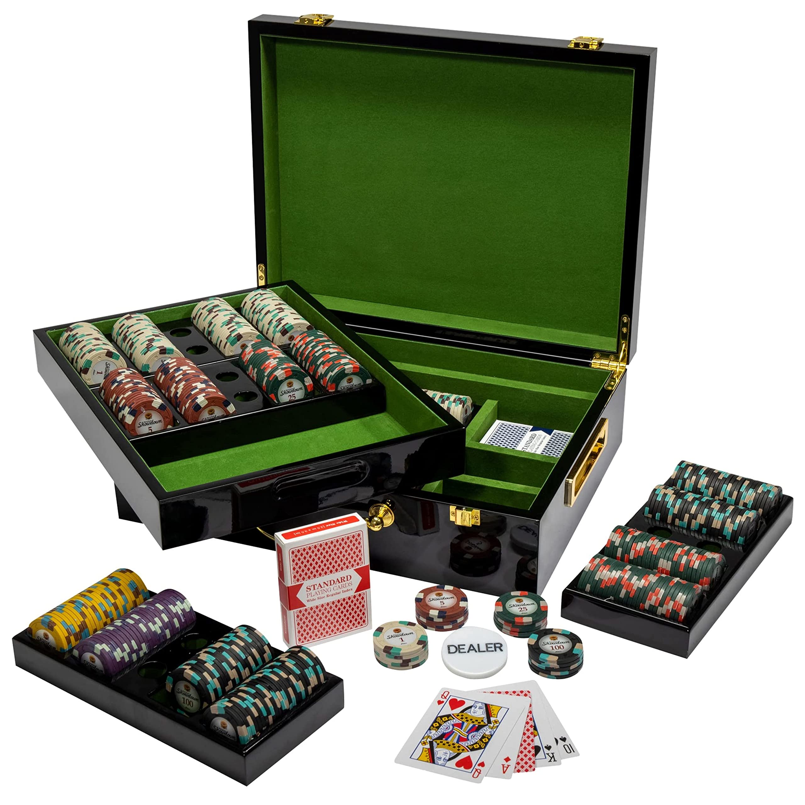 Showdown Poker Chips Set - 500 Heavyweight (13.5-Gram) Clay Composite Chips, Playing Cards, Dealer Button, & Hi-Gloss Wooden Case - Professional Casino Supplies, Kits, Holders, & Storage Container