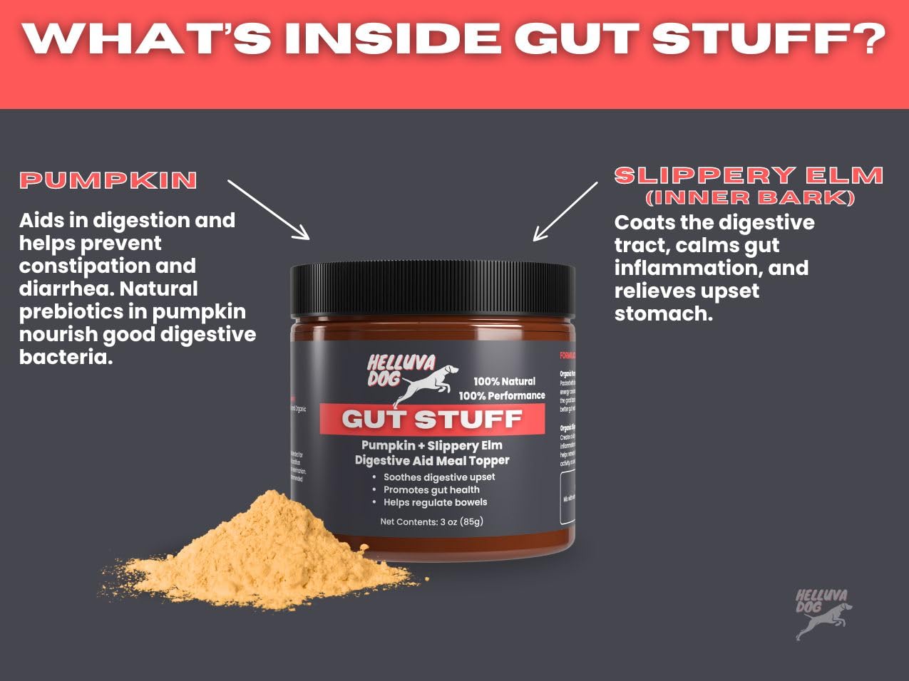 Gut Stuff by Helluva Dog β Digestive Aid Meal Topper for Active Sporting Dogs β Pumpkin & Slippery Elm for Dog's Upset Stomach & Better Gut Health, Packed with Fiber - 3oz