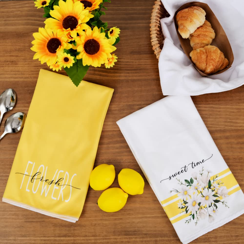 GEEORY Spring Kitchen Towels for Spring Decor White Flower Dish Towels 18x26 Inch Ultra Absorbent Bar Drying Cloth Sweet Time Sign Hand Towel for Kitchen Bathroom Party Home Decorations Set of 2