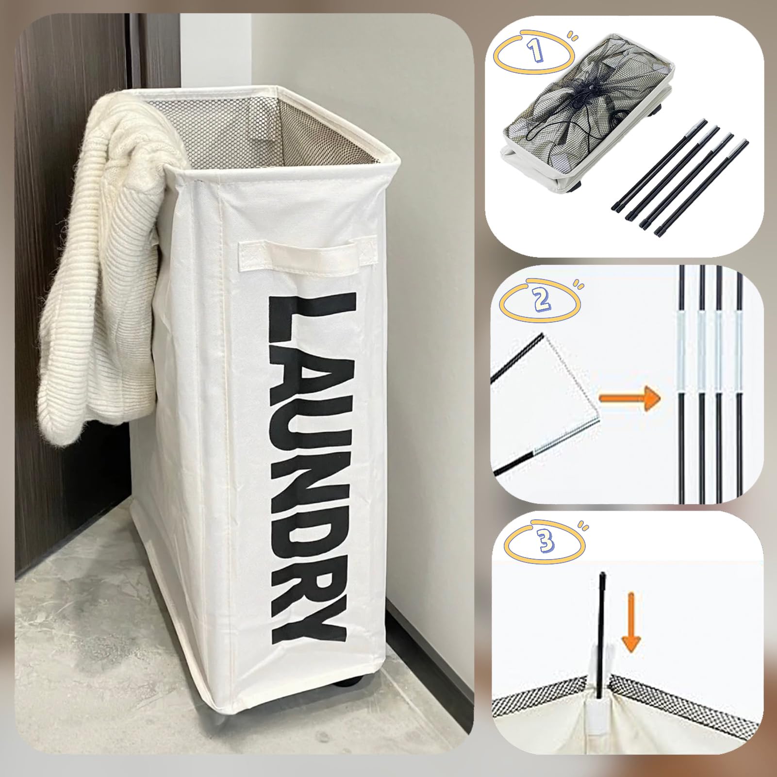 Laundry Basket, (2PACK) Slim Laundry Basket on Wheels - Foldable & Waterproof Rolling Hamper for Clothes, Hampers for Bedroom Aesthetic Yoga Mat Gym Gear and More | Easy Assembly Hamper