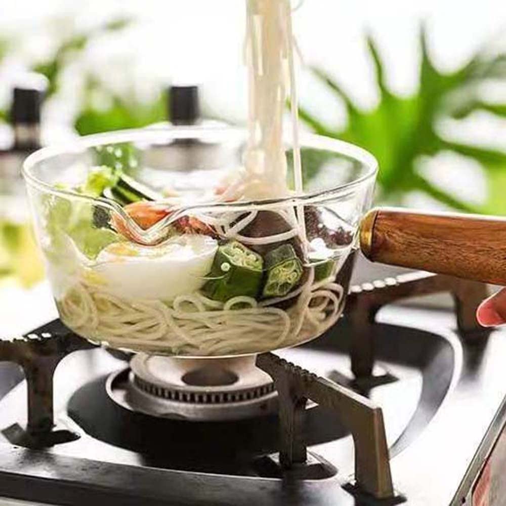 Vctitil Porridge Pot Soup Pot Wooden Handle Cookware High Temperature Resistant Transparent Glass Milk Noodle Pot Saucepan (400ml/600ml)(600ml)