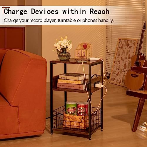 X-cosrack Record Player Stand with Vinyl Record Storage, 3 Tier Side Table with Charging Station & USB Ports, Retro End Table for Living Room Bedroom, Sturdy Wood and Metal Frame, Brown & Black