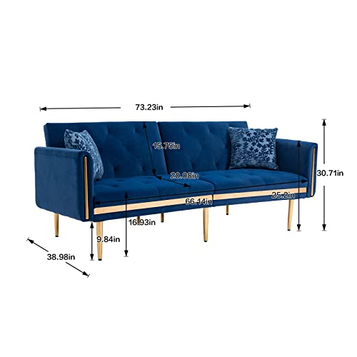 HBHM Velvet Sofa Accent Sofa, Mid Century Modern Loveseat Velvet Fabric Couch, Convertible Futon Sofa Bed, Recliner Couch Accent Sofa Loveseat Sofa with Gold Metal Feet,Blue
