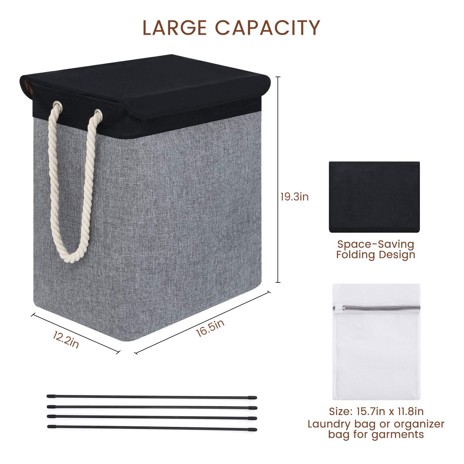 Laundry Hamper with Lid, Large Linen Laundry Basket with Handles, Waterproof Lining Dirty Clothes Hamper for Bathroom Bedroom Dorm Nursery Organization (Grey)