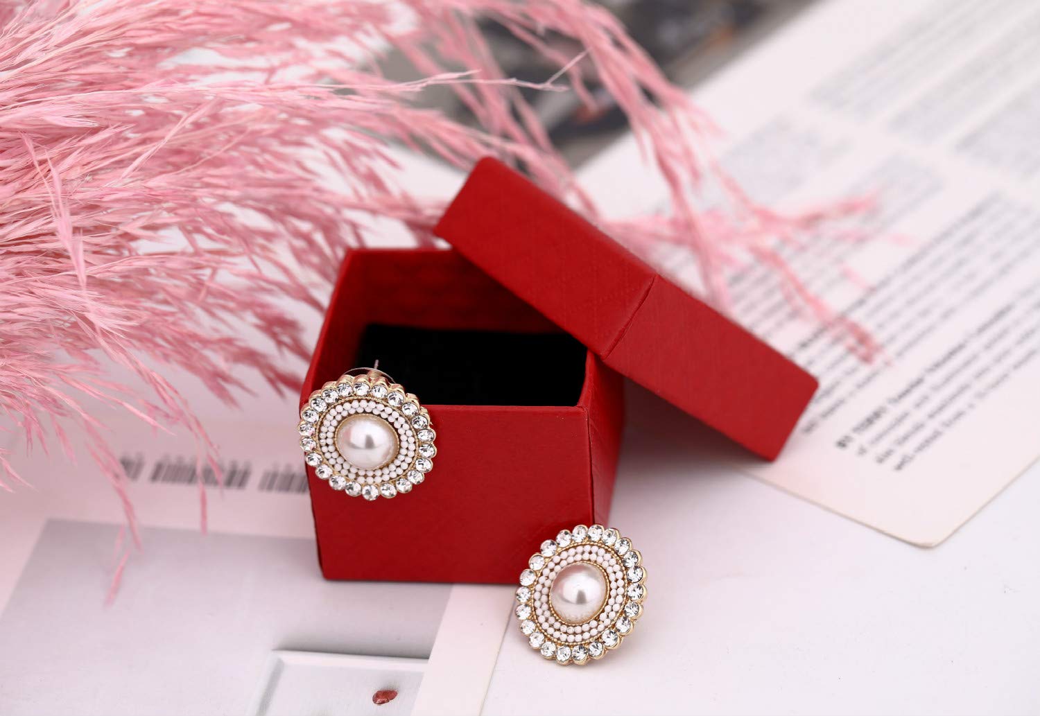 Cream Dome Big Pearl Stud Earrings, Crystals Rhinestones Art Vintage Earrings with Wedding Style