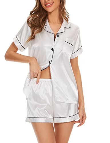 QLVKYW Womens Satin Pajama Shorts Set Silky 2 Piece Short-Sleeve Pjs Tops Button-front Lounge Wear With Casual Collar White