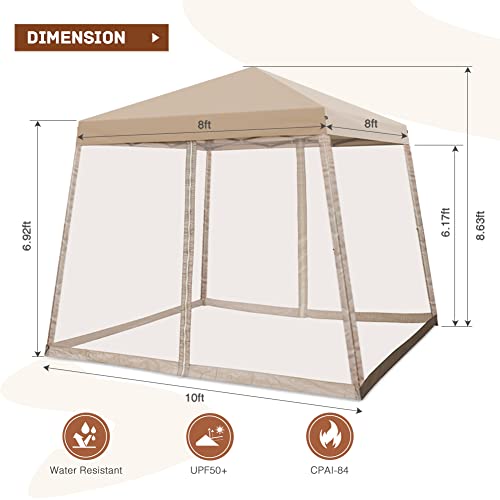 INTER HUT 10x10 Pop up Canopy Tent with Mesh Netting, Slant Leg Instant Screened House Gazebo, Beige