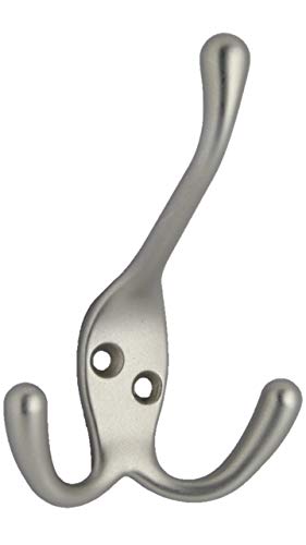 QCAA Coat Hat Hook with Three Prongs, 4", Zinc Die Cast, Satin Nickel, 5 Pack, Made in Taiwan
