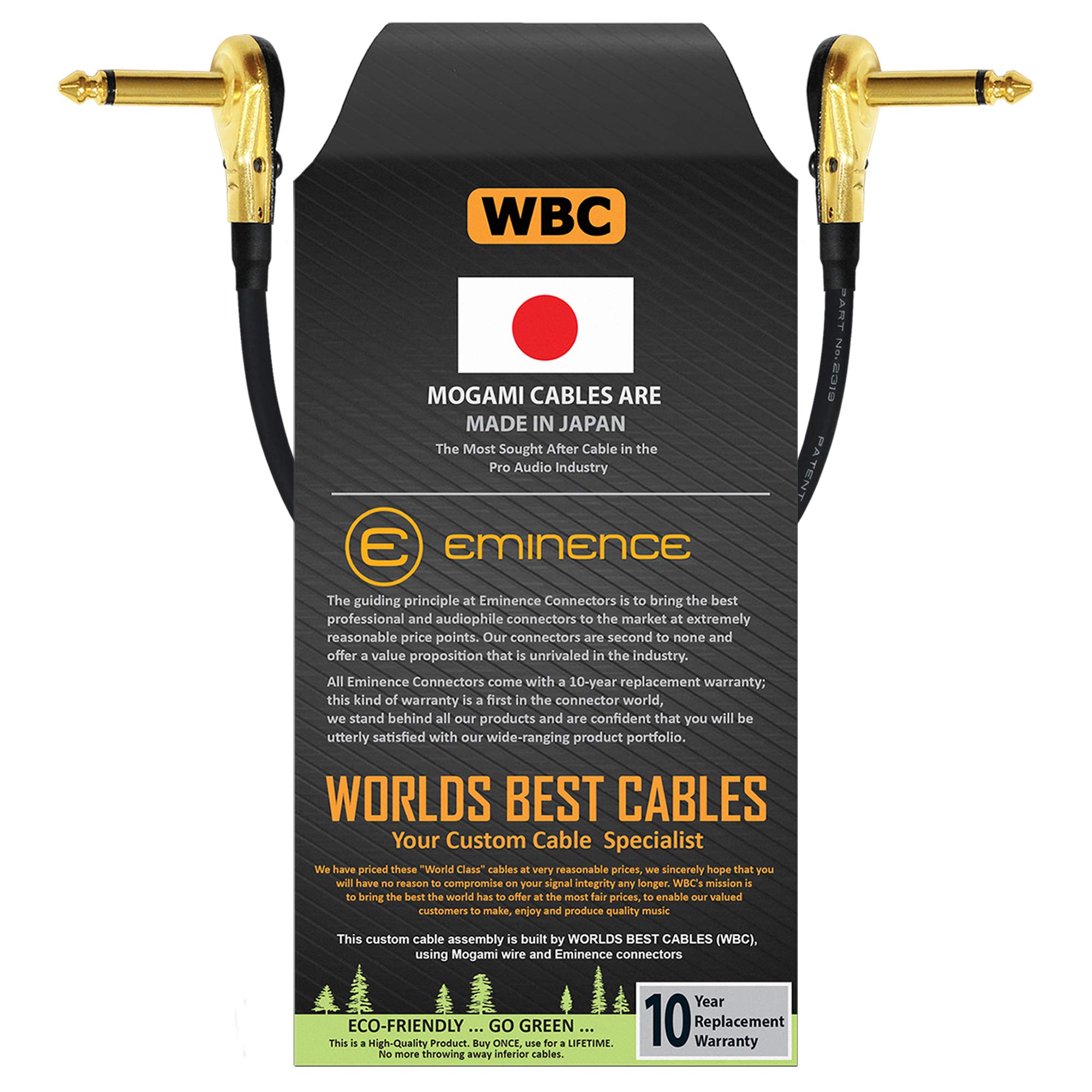 WORLDS BEST CABLES 10 Inch - Pedal, Effects, Patch, Instrument Cable Custom Made Made Using Mogami 2319 Wire and Eminence Gold Plated ¼ inch (6.35mm) R/A Pancake Type Connectors