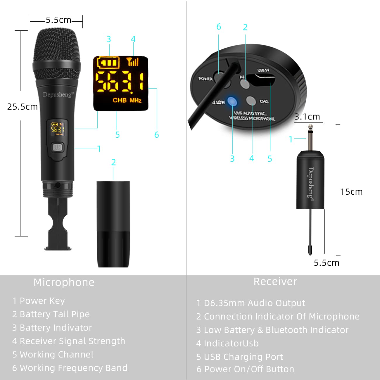 Depusheng W1 Wireless Microphone, Karaoke Mic, UHF Handheld Dynamic System with Rechargeable Receiver for Party, Church, Meeting, Wedding, 150ft, Black
