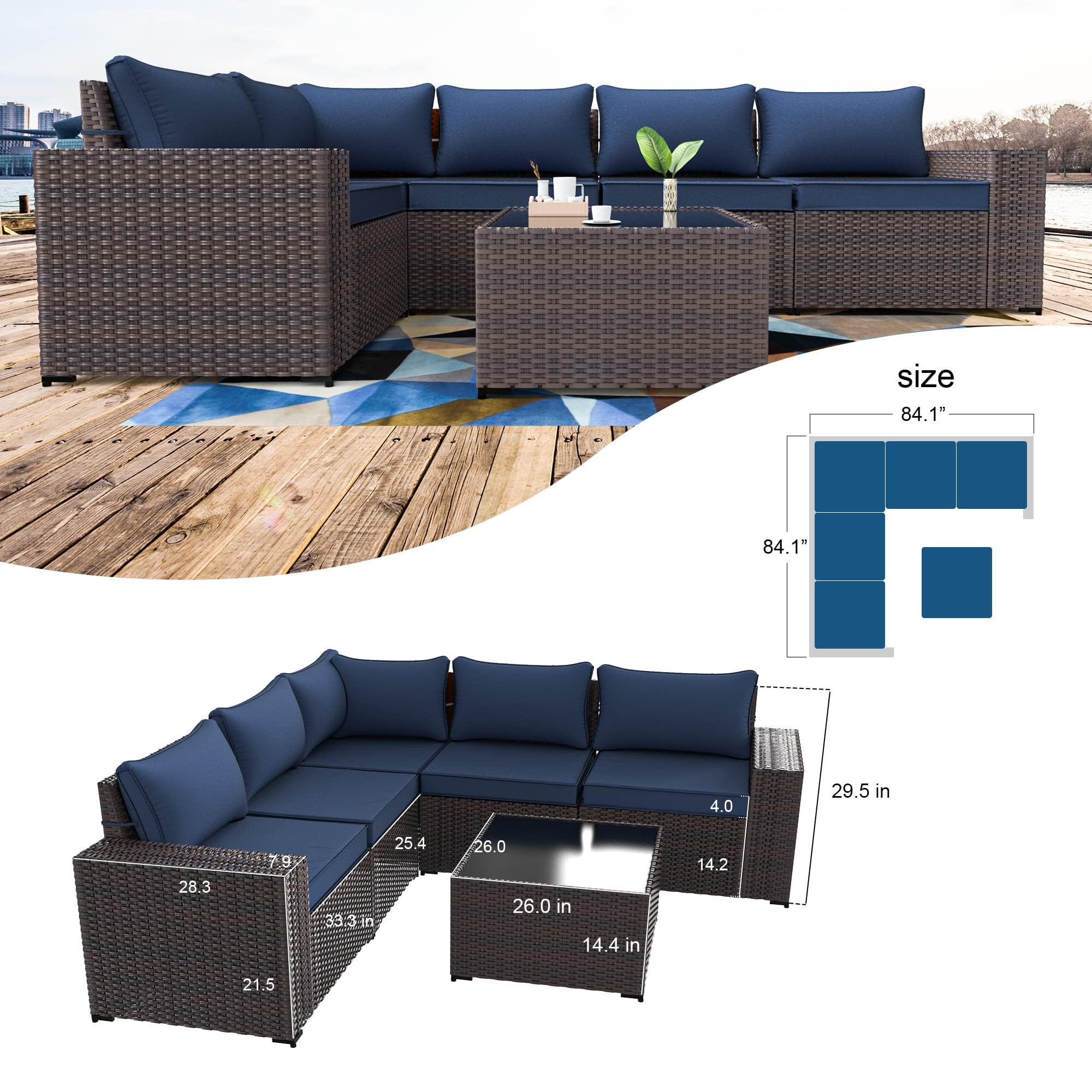 Kullavik 6PCS Outdoor Patio Furniture Set PE Wicker Rattan Sectional Sofa Patio Conversation Sets,Navy Blue