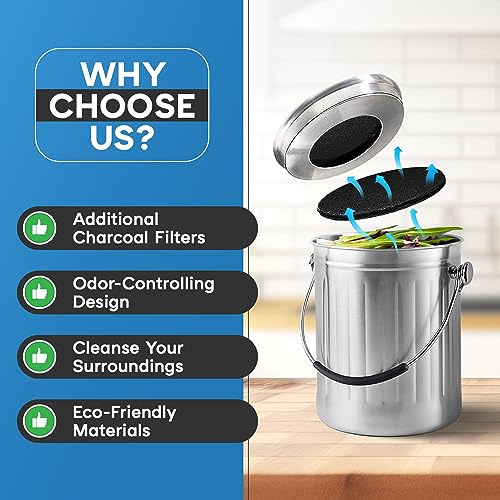 Compost Rite Stainless Steel Compost Bin for Kitchen - 1.3 Gallon, Indoor Countertop Compost Bin, Kitchen Compost Bucket with Lid & Carrying Handle, Odor-Free Compost Pail for Food Waste