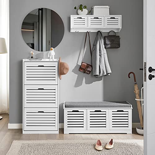 Haotian FSR108-W, White Shoe Cabinet with 3 Flip Drawers, Freestanding Shoe Rack with Hooks, Shoe Storage Cupboard Organizer Unit