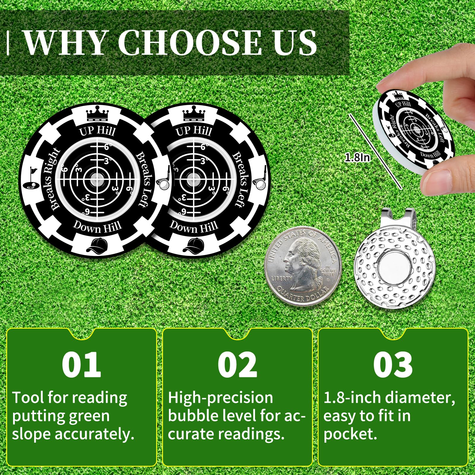 DESELL Golf Green Reader, 2 Pack Golf Ball Marker with High Precision Horizontal Bubble, Golf Accessories Tool Present for Men (Green Blue)