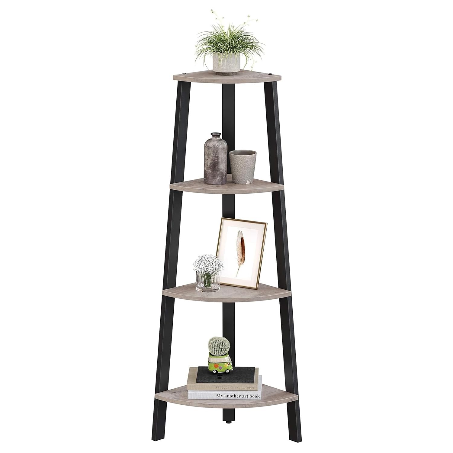 Flyxiregg 4-Tier Corner Shelf Bookshelf Corner Book Storage Shelves Open Stand Bookcase Plant Standing Shelf for Small Spaces (Greige)
