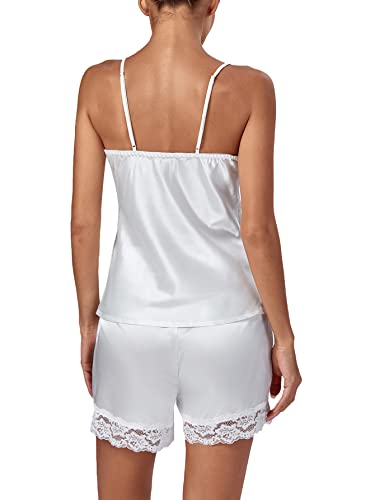 LYANER Women's 3pcs Sleepwear Silk Satin V Neck Lace Trim Cami Top and Shorts Pajama Set with Robe White Small