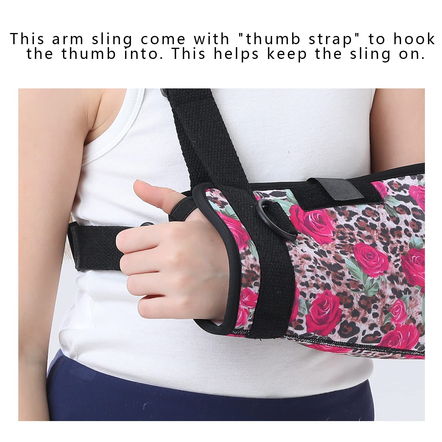 Fotgok Foam Arm Sling Elbow Brace Support with Waist Strap Rotator Cuff Support Shoulder Support Immobilizer for Shoulder Injury for Kids, for Broken, Dislocated, Fracture, Rose Leopard, Large