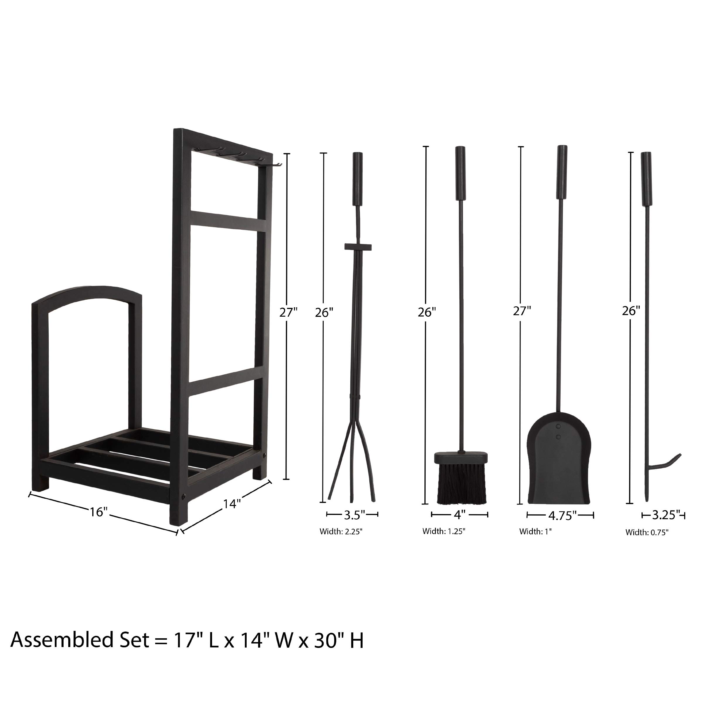 Lavish Home 5-Piece Fireplace Tool Set and Log Rack - Mission-Style Firewood Holder with Shovel, Broom, Tongs, and Poker for Hearth (Matte Black)