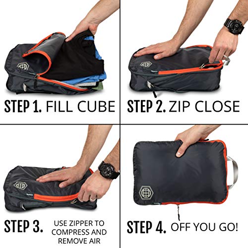 Compression Packing Cubes for Travel - Luggage and Backpack Organizer Packaging Cubes for Clothes (Grey and Orange, 3 Piece Set)