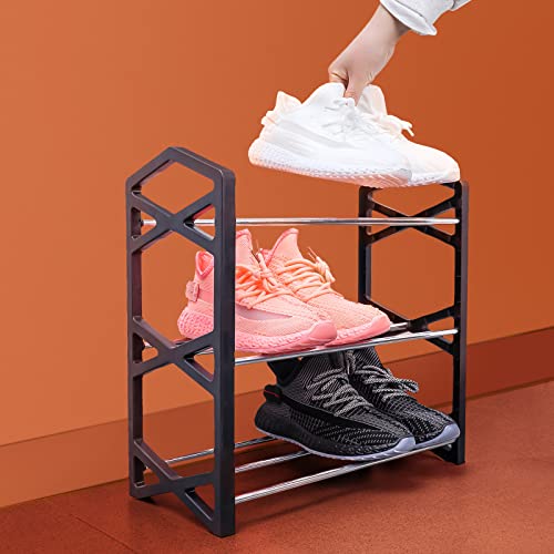 NiHome 3-Tier Shoe Rack Multifunctional Sturdy Steel Organizer Compact Small Size Lightweight 6 Pairs Footwear Freestanding Shelf for Closet Hallway Entryway Living Room Bedroom X Shape Frames (Black)