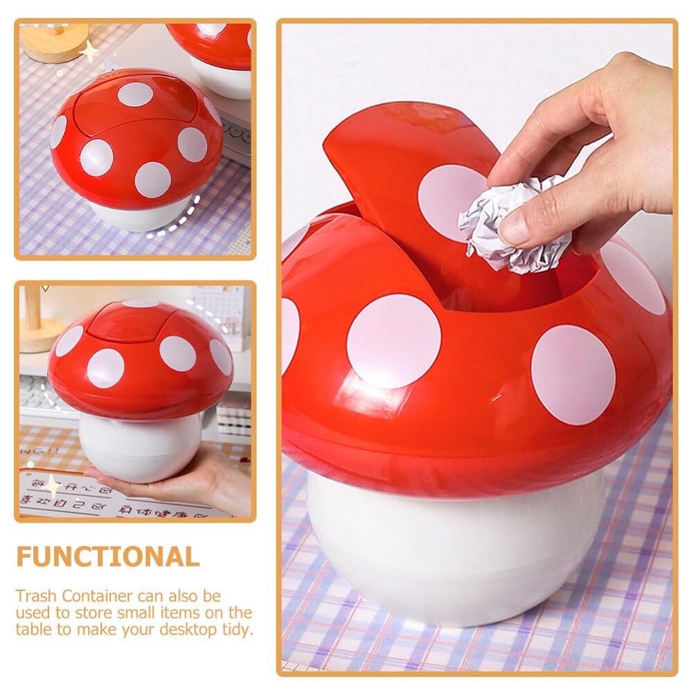 HOLIDYOYO Cute Trash Can Mushroom Waste Bin Desktop Trash Can Wastebasket Mini Desk Trash Can with Lid Creative Tiny Countertop Garbage Can Small Plastic Storage Bin Home Accessory